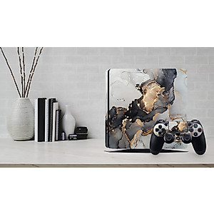 ZOOMHITSKINS Compatible with PS4 Slim Skin, Silver Grey Marble Gold Black Quartz, Durable & Fit, 3M Vinyl, Made in The USA