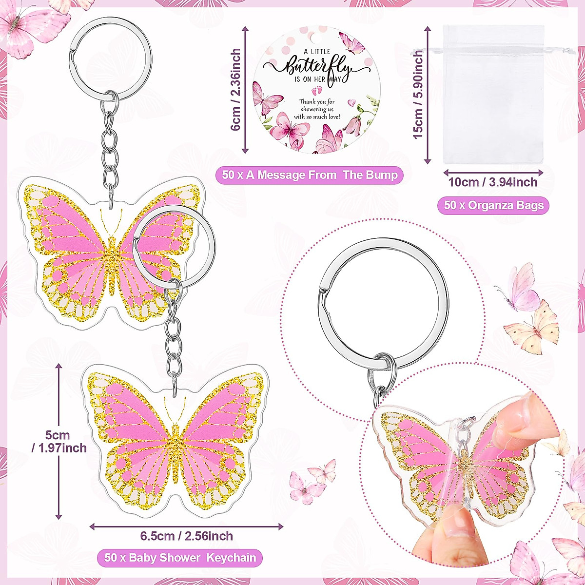 Tondiamo 50 Sets Pink Butterfly Theme Baby Shower Favors for Guest Includes 50 Butterfly Keychain 50 Pen 50 Thank You Cards and 50 Gift Bags for Baby Shower Gender Reveal Party Gifts