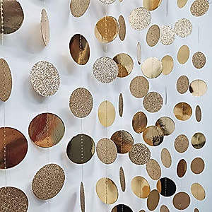 OuMuaMua 5Pcs Glitter Champagne Gold Paper Circle Dots Garland Banners Streamers Hanging Bunting Ornament for Engagement Party Bridal Shower Wedding Baby Shower Christmas Room Decor (65 Feet)