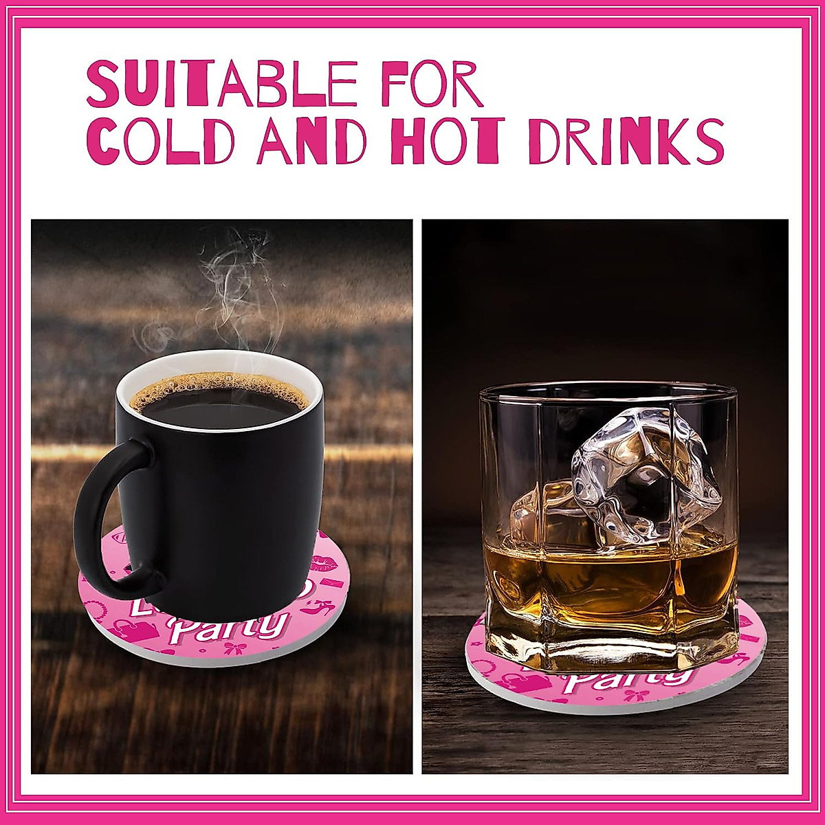 Drink Coasters with Holder, Absorbent Coaster Sets of 6, Let's Go Party Pink Girl Ceramic Coasters for Tabletop Protection,Suitable for All Kinds of Cups, Wooden Table, Cool Home Decor, 4 Inches