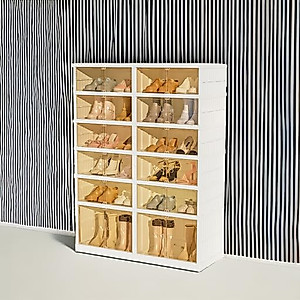 YIFOR 6-Tier Portable Shoe Rack Organizer for Closet, 24 Pairs Shoe Container Bins, Clear Plastic Collapsible Shoes Storage Box, Stackable Sneaker Storage Shoe Cabinet with Door