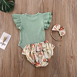 CIYCUIT 3Pcs Newborn Baby Girl Summer Clothes Ruffle Romper Bodysuit + Shorts + Headband Outfits Green 3-6 Months
