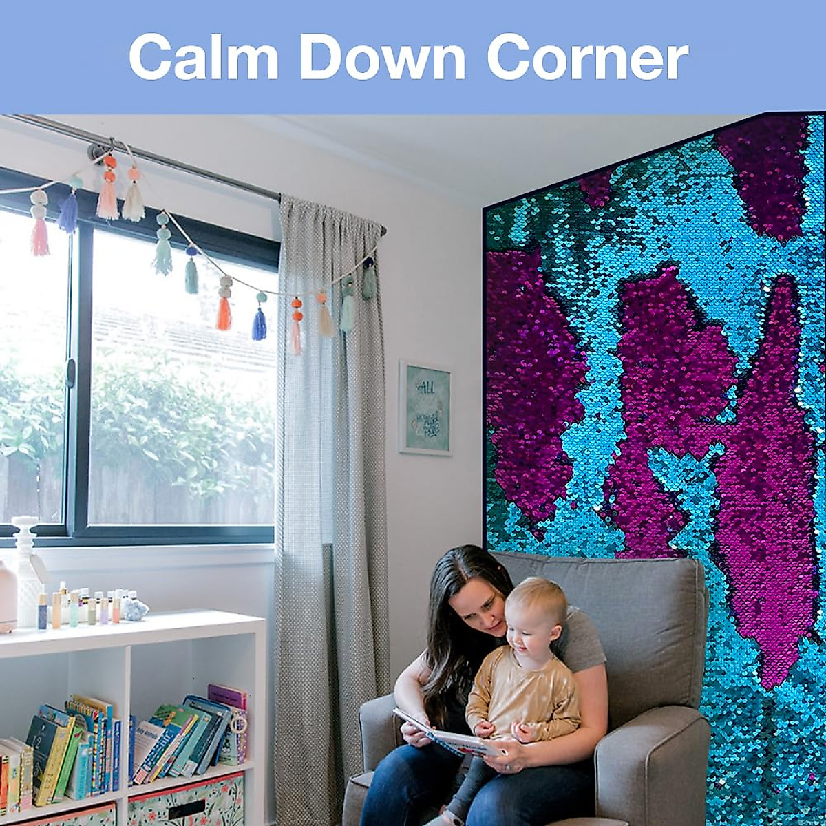 5MM Not Falling Sensory Wall for Kids Sequin Flip Fabric High Density Reversible Sensory Graffiti Fabric Sequin Fabric by The Yard Mermaid Fabric Purple to Blue-0.5yd, 50” x 18”