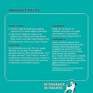 Project Watson Dog Eyelid Wipes, Micellar Technology That Cleanses and Hydrates, Contains Hyaluronan (HA), an Electrolyte, Aloe & Licorice, Paraben & Fragrance Free, 45 Pre-Moistened Textured Wipes