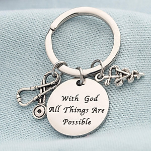 BEKECH Veterinarian Gift Veterinary Technician Gift with God All Things are Possible Keychain with Caduceus Stethoscope Charm Vet Tech Jewelry Animal Rescue Gift (Silver)