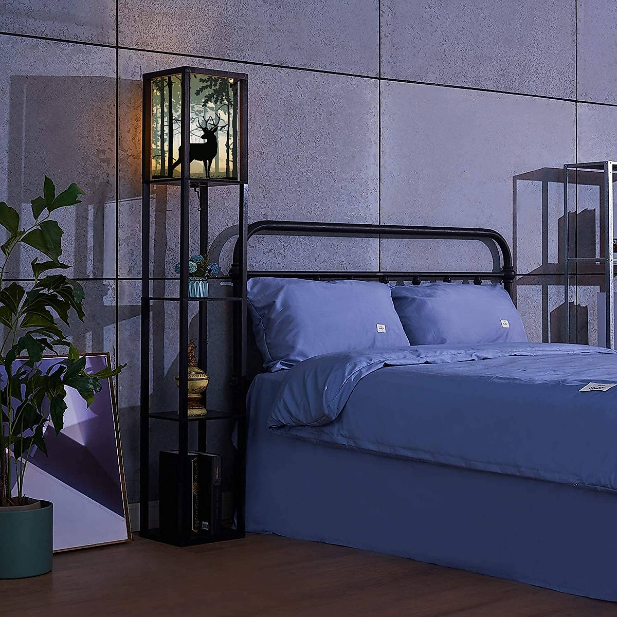 JITHCG Deer with Antlers Posing Forest Silhouettes of Tree Magical Misty Standing Lamp with Shelves Flaxen Fabric Shade Floor Lamp Tall lamp Corner Bedside Lamp for Living Room Bedroom Aesthetic Decor