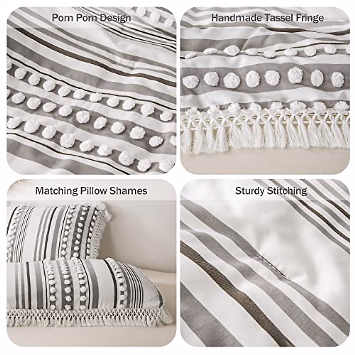 BEDLORE Boho Comforter Set Full/Queen Size, Tufted Gray and White Striped Ball Pom Pom Bedding Set with Tassel Fringe, Farmhouse Shabby Chic Bed Comforter with 2 Pillowshams for All Seasons