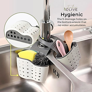 Sponge Holder for Kitchen Sink to Hang from the Faucet. Modern Adjustable Kitchen Sink Sponge Holder with Drain Holes For Drying.