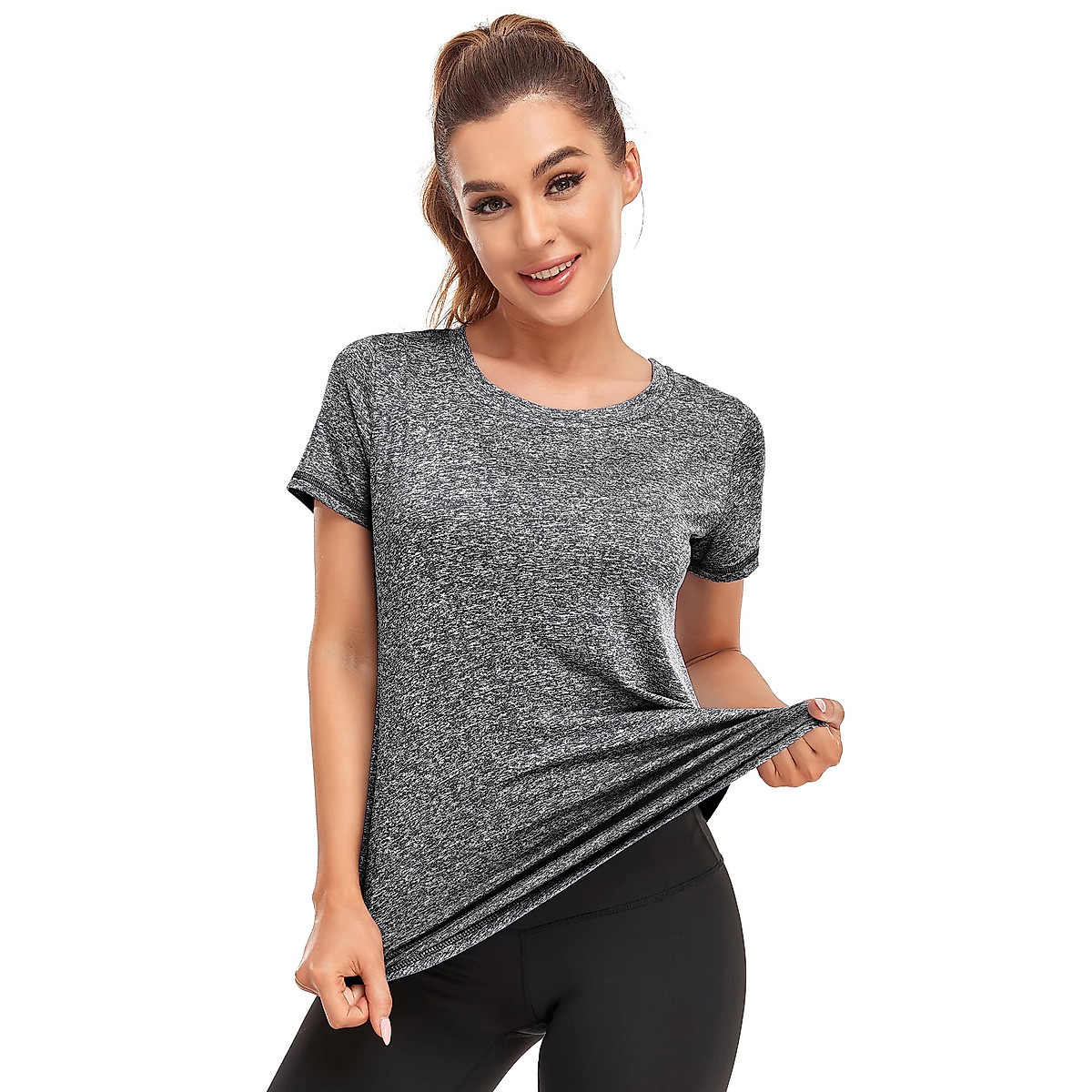Abrooical Short Sleeve Yoga Tops for Women Workout Curved Hem Side Split Casual Sports Outfit Tees Dark Grey XX-Large