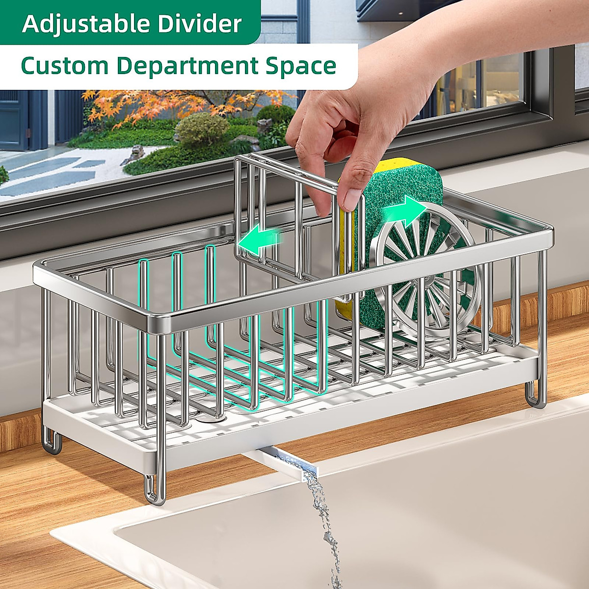 PETXPERT Kitchen Sink Caddy, Sponge Holder for Kitchen Sink, Dish Sponge Organizer with Divider, Rustproof 304 Stainless Steel Dish Brush Holder Storage for Bathroom, Silver