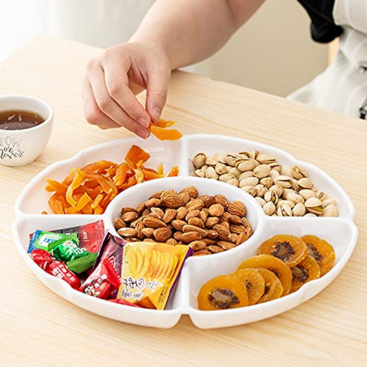 Set of 2Pcs 10 inch Melamine Serving Tray with 5 Compartments, Divided Serving Platter for Appetizer, Snack, Veggie, Fruits (White)