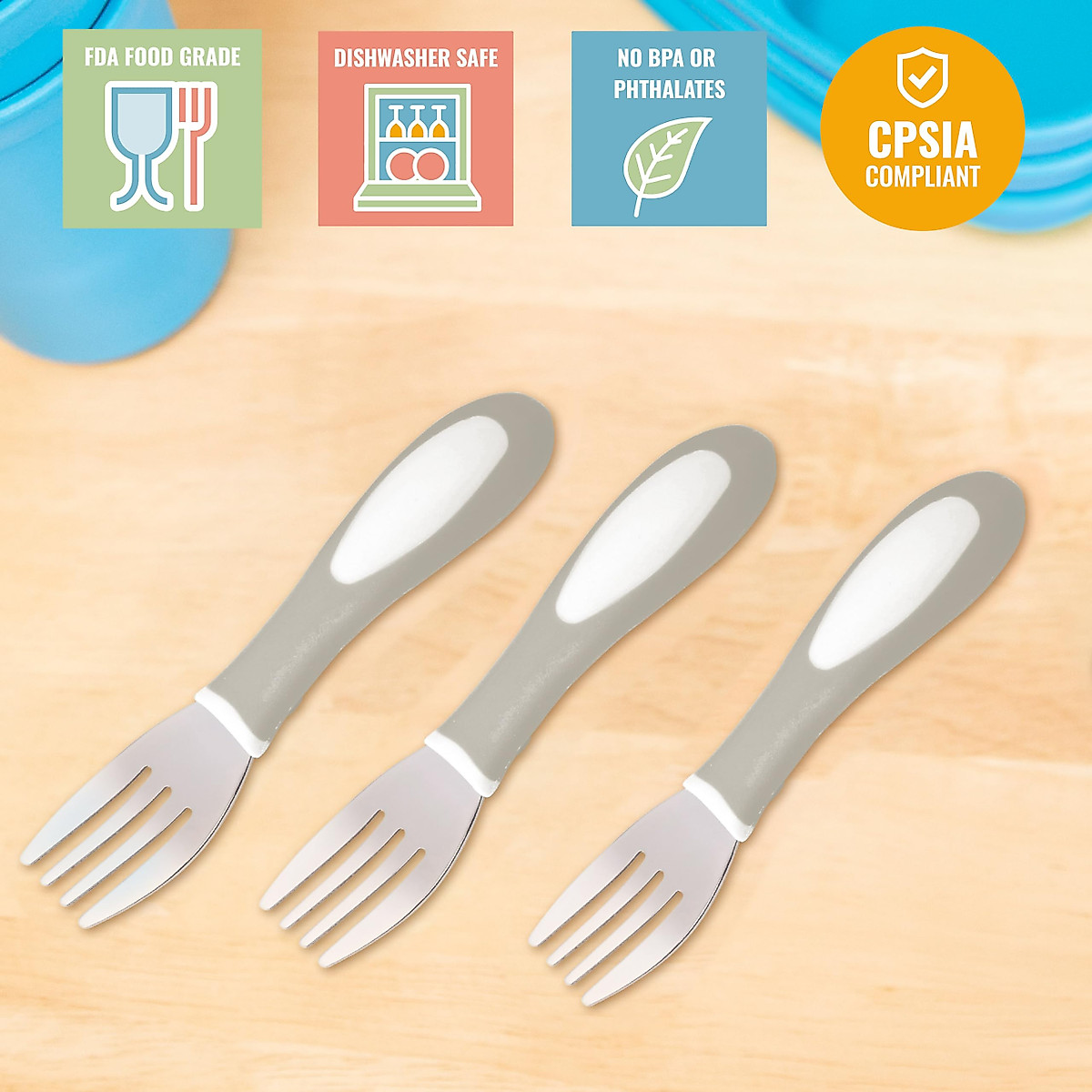 ECR4Kids-ELR-18104 My First Meal Pal Toddler Forks, BPA-Free and Dishwasher Safe Utensils for Babies and Kids, Children's Flatware for Self-Feeding, White/Light Grey (3-Pack)