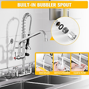 OIERZIN Commercial Faucet Wall Mount with Sprayer 25" Height, 8 Inch Center Brass Constructed Wall Mount Kitchen Sink Commercial Faucet with Pull Down Pre Rinse Sprayer and 12" Add-on Spout