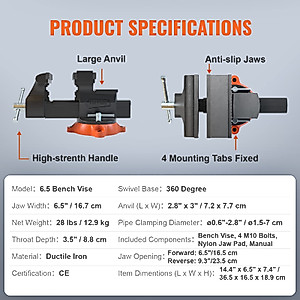 VEVOR Bench Vise, 6.5" Jaw Width 6.5" Forward &9.3" Reverse Opening, 360-Degree Swivel Locking Base Multipurpose Workbench w/Anvil, Heavy Duty Ductile Iron w/Bolts & Nuts, for Drilling, Pipe Cutting