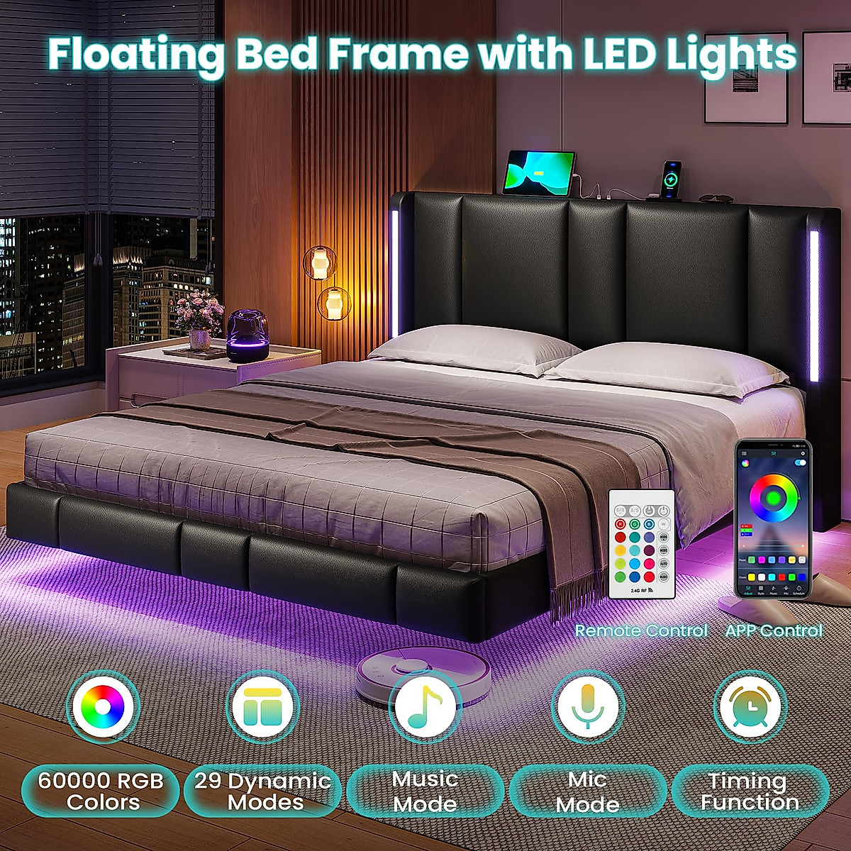 MSmask Queen Platform Bed Frame, Floating Bed with LED Lights, Faux Leather Upholstered Headboard, 2 USB Ports, Under-Bed Storage, No Box Spring Needed, Black