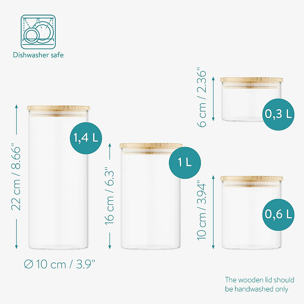Navaris Glass Food Storage Canisters (Set of 4) - Containers with Bamboo Lids for Dry Goods - Airtight Kitchen Jars - 47 oz / 34 oz / 20 oz / 10 oz