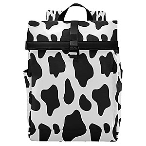 Cow Print Backpack Roll Top Backpack Black White Trendy Backpack Women & Men Casual Daypack Laptop Pocket