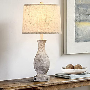 26.5" Farmhouse Table Lamp for Living Room, Rustic Touch Bedside Table Lamp Set of 2 with USB Charging Ports,3-Way Dimmable Nightstand Lamps for Bedroom,Oatmeal Linen Lampshade,LED Bulbs Included