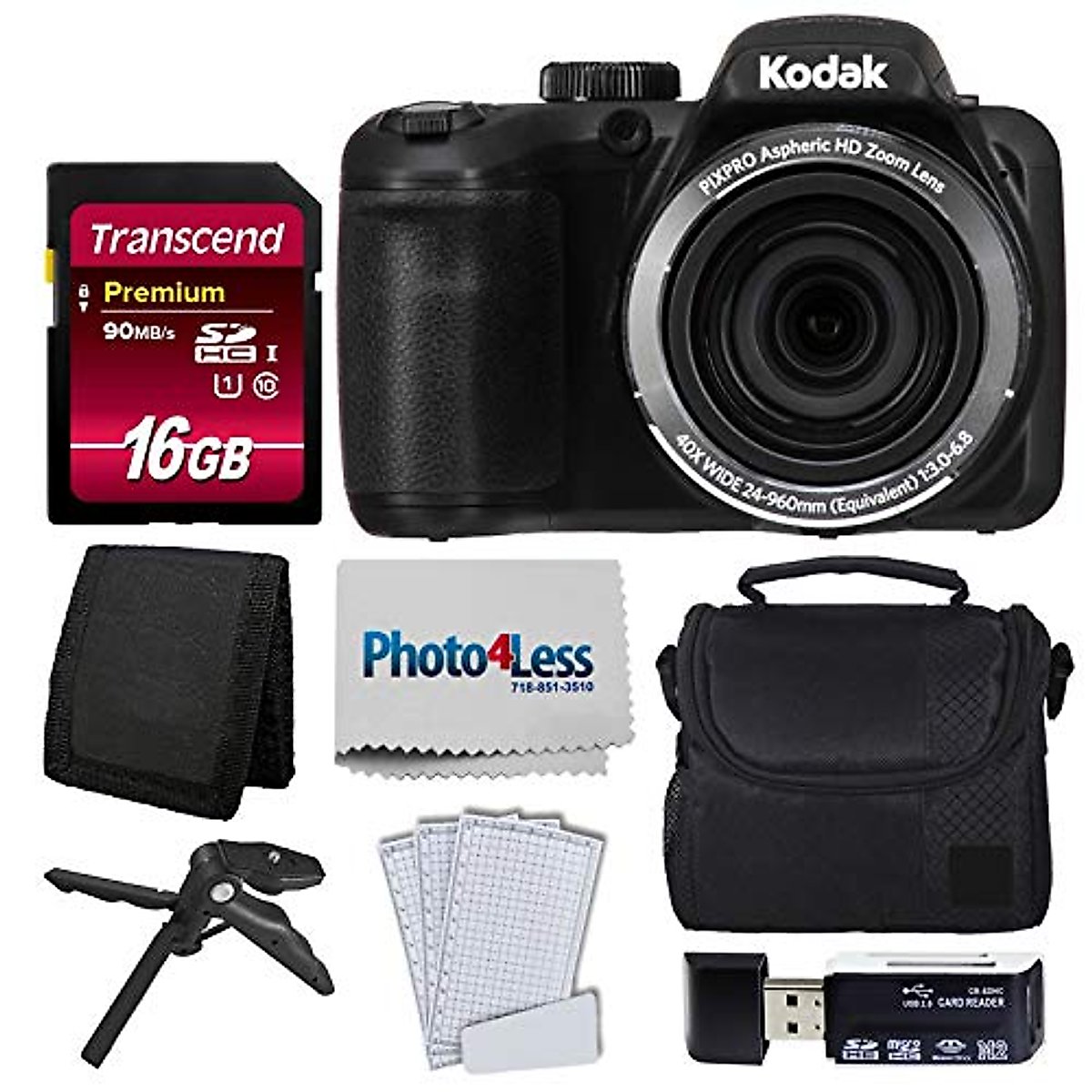 Kodak PIXPRO AZ401 Astro Zoom 16MP Digital Camera (Black) + Camera Case + Transcend 16GB SDHC Class10 UHS-I Card 400X Memory Card + USB Card Reader + Table Tripod + Accessories