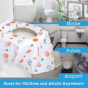 Disposable Toilet Seat Covers for Kids & Adults, 40 Pack - Protect from Public Toilet Germs While Potty Training & More - Extra Large, Waterproof, Portable, Individually Wrapped - Blue/Sports