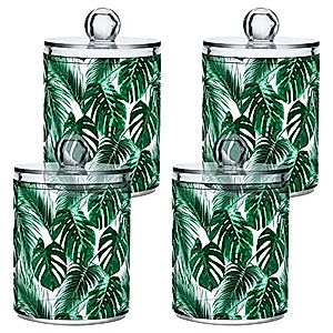 MNSRUU 2 Pack Qtip Holder Organizer Dispenser Tropical Palm White Bathroom Storage Canister Cotton Ball Holder Bathroom Containers for Cotton Swabs/Pads/Floss