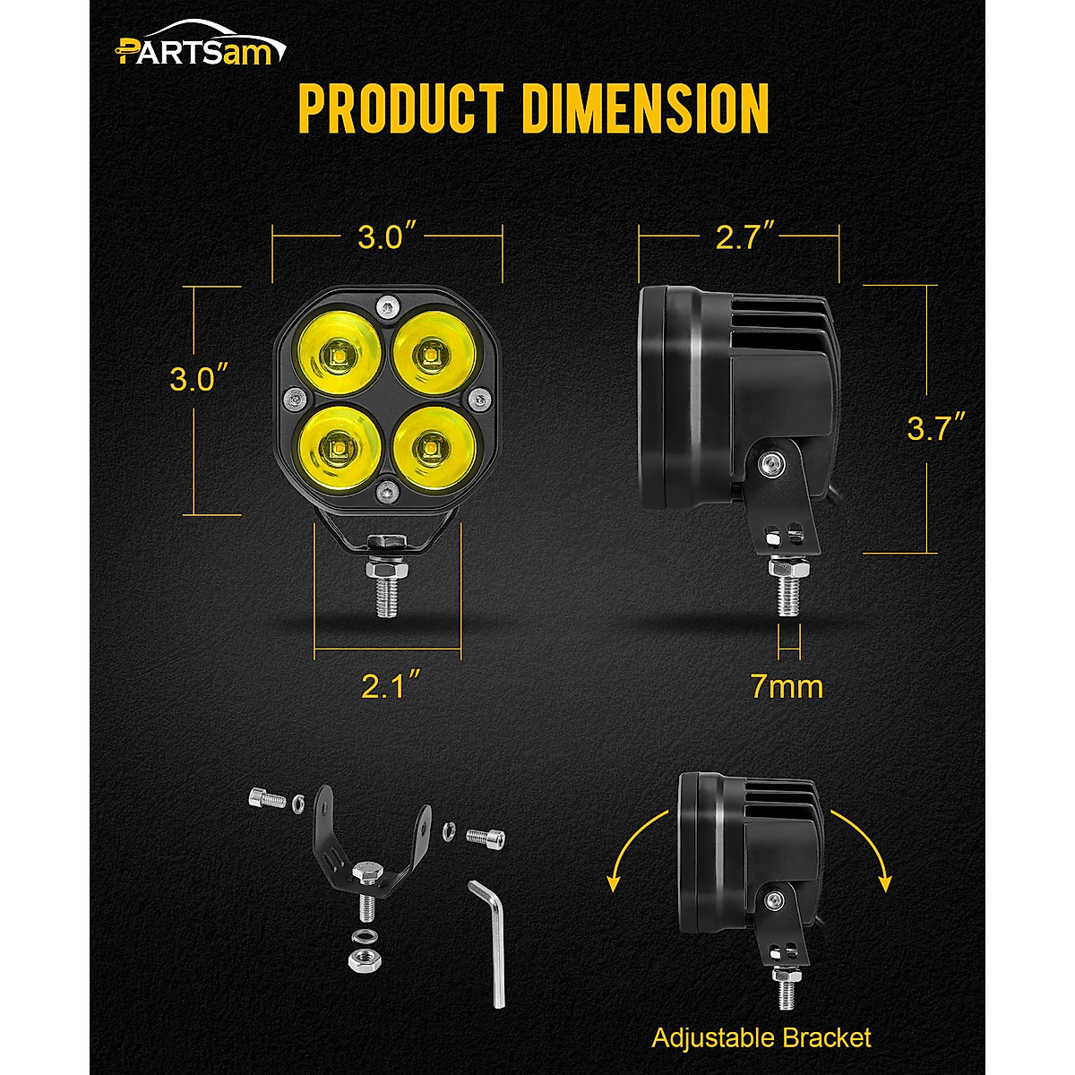 Partsam 3 Inch Yellow Pods Fog Light, 30W Waterproof Cubes Offroad Cree LED Pods Spot Flood Ditch Lights, Square Off Road Lights for Pickup Truck SUV ATV UTV Boat Forklift 4x4 Motorcycle, Pack of 2