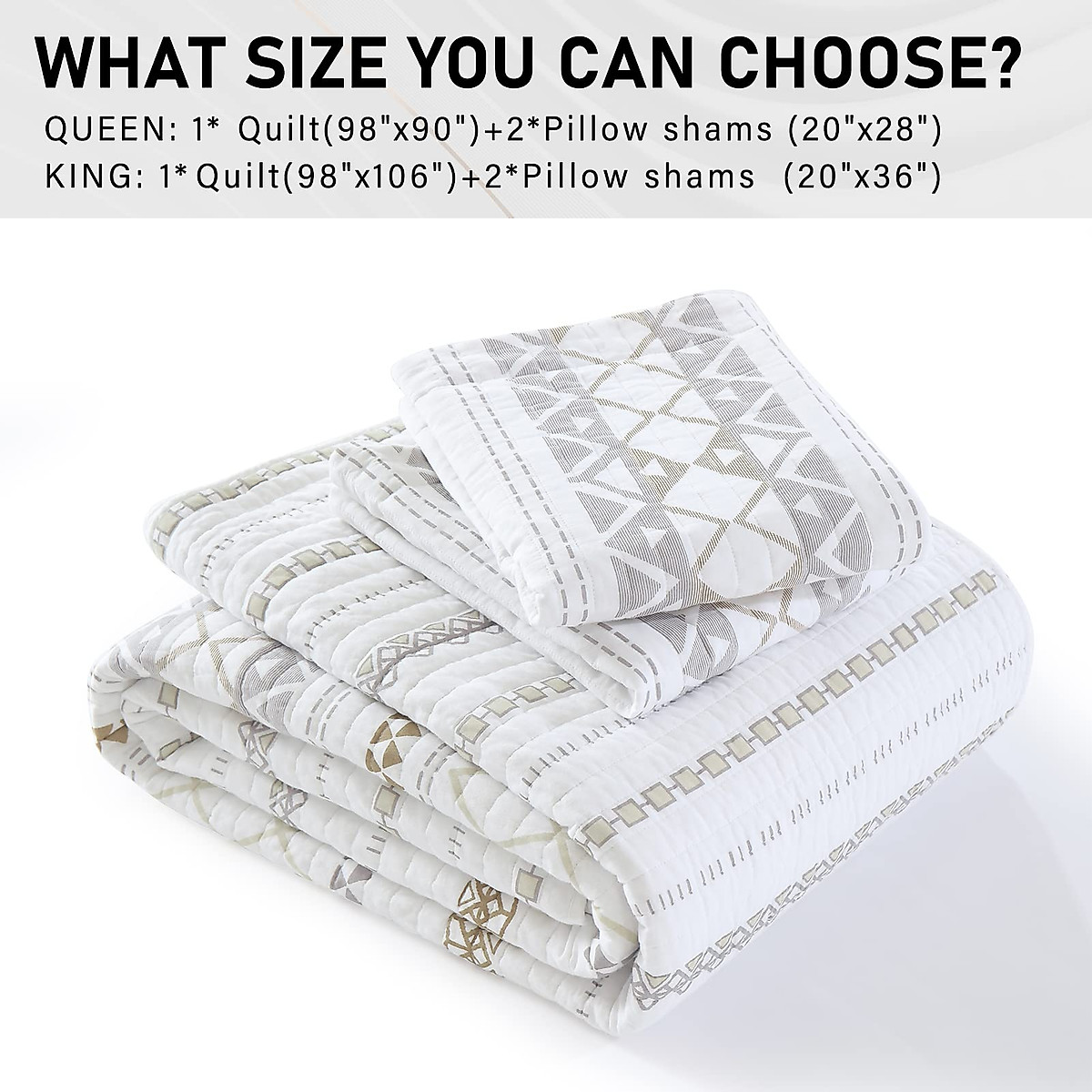 PERHOM 100% Cotton Quilt Queen Size - 3 Pieces Boho Striped Lightweight Soft Breathable Beige Gray White Bedding Set with 2 Shams, Bohemian Pattern Printed Bedspread/Coverlet/Comforter for All Season