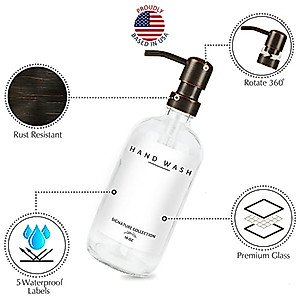 Emerson Essentials Glass Soap Dispenser Set, 2 Pack, Hand Soap Dispenser for Bathrooms and Dish Soap for Kitchen Sink with Pumps, Lotion 16oz Bottles with 5 Waterproof Labels (Clear/Oil Rubbed Bronze)