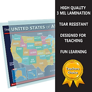Map of USA for kids (18x24) LAMINATED 50 states and capitals Large Poster Young N Refined