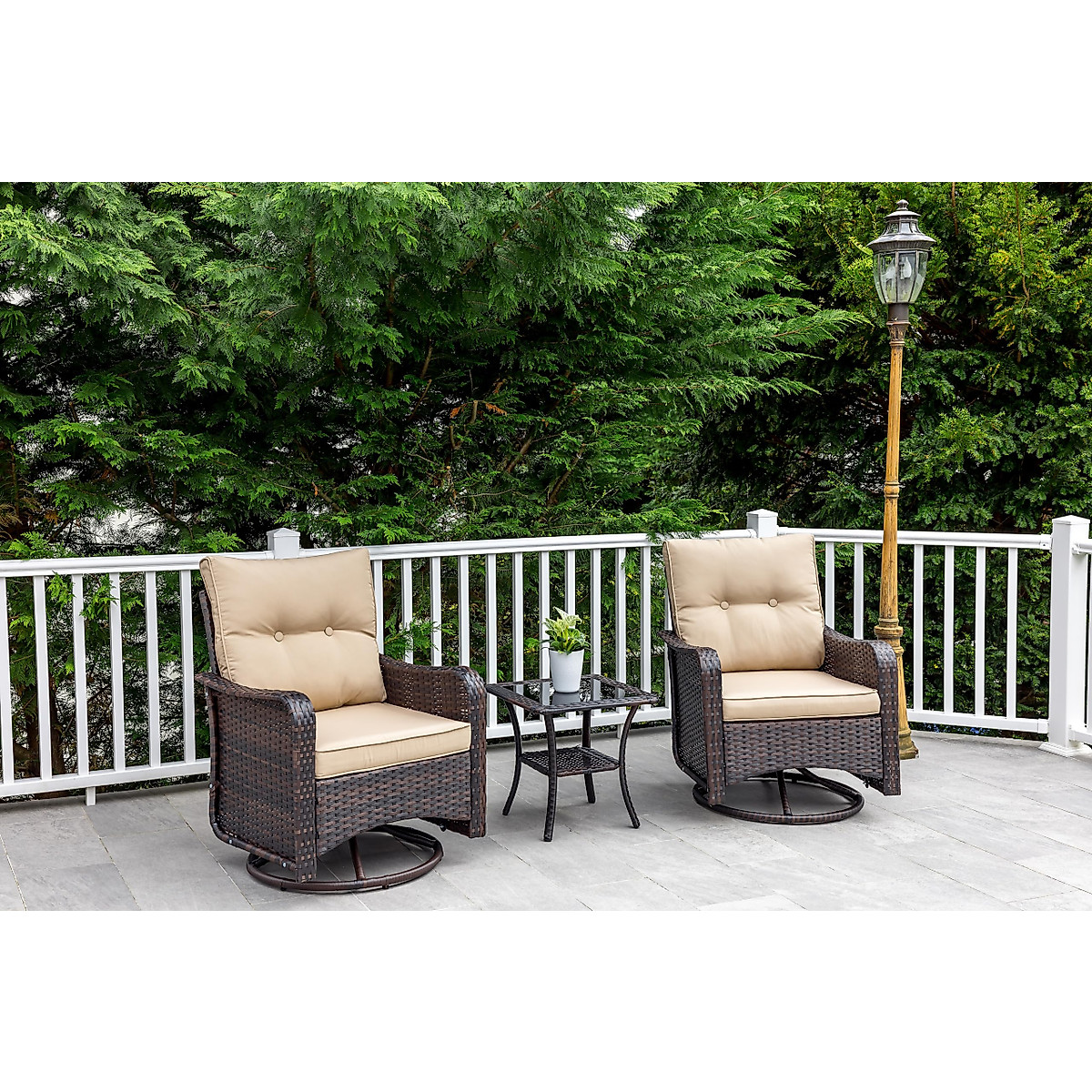 Gotland 3 Pieces Patio Swivel Rocker Wicker Chairs-Outdoor Swivel Rocking Chairs with 1 Rattan Coffee Table&2 Khaki Thickened Cushions Outdoor Furniture Conversation Sets