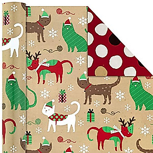 Hallmark Christmas Reversible Wrapping Paper Bundle, Pets and Patterns (Pack of 3, 120 sq. ft. ttl) Cats, Dogs, Stripes, Polka Dots, Paw La La La