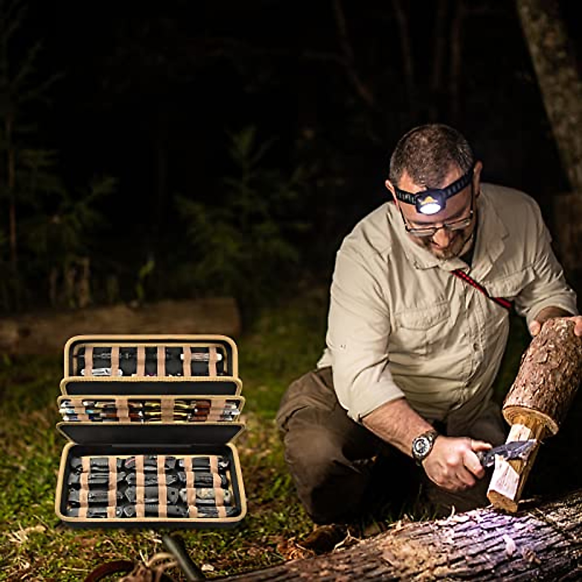 Knife Display Case for 64+ Pocket Knives, Butterfly Knife Storage Box, Folding Knives Organizer Holder, Knives Collection Protector for Survival, Tactical, Outdoor, EDC Mini Knife (Bag Only) - Brown