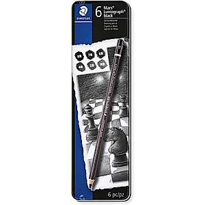 Staedtler Mars Lumograph Black Artist Wooden Lead Pencil - Box of 6 (8B 7B 6B 4B 2B HB) in Metal Box- with Tub 2-Hole Sharpener and Free Eraser