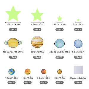 Glow in The Dark Stars and Planet Solar System Walls 109 Fluorescent Stars Stickers Decorative Kid's Bedroom Ceiling Christmas Birthday Gift for Girls and Boys