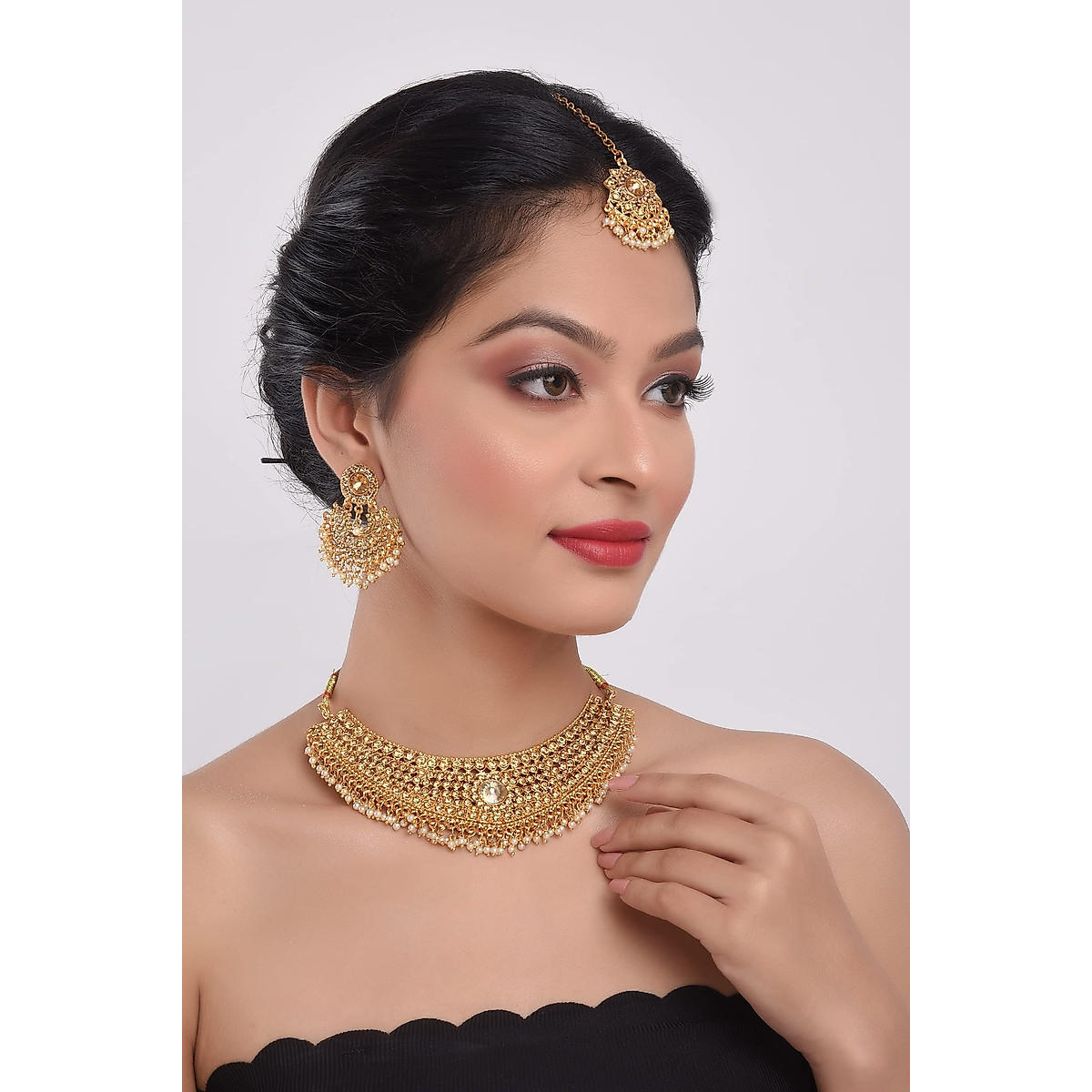 Efulgenz Indian Jewelry Sets for Women Gold Tone Indian Bollywood Traditional Crystal Pearl Wedding Choker Necklace Earrings Maang Tikka Jewelry Set Indian Bridal Jewelry