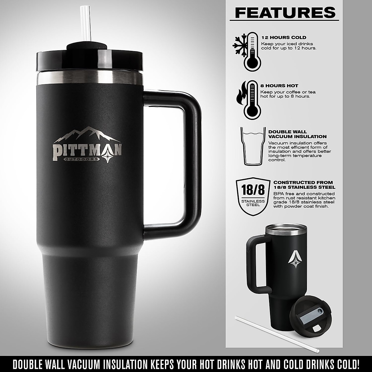 Pittman Outdoors 30oz. Hydration Tumbler with Comfort Soft Handle, Black - Vacuum Insulated Travel Coffee and Drink Mug