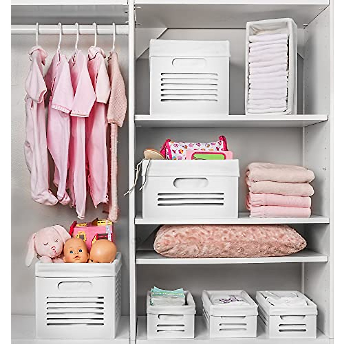 Creative Scents Wooden Crates for Storage - Set Of 3 Sizes Nesting Wood Crates with Removable Fabric Liner, Cutout Handles and Breathable Holes - The Best Sizes Chosen for Home Storage Bins (White)