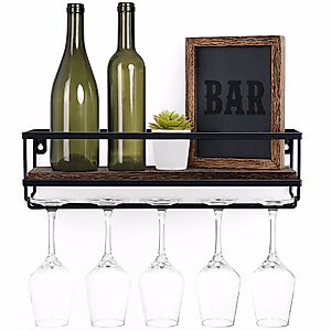 Mkono Wall Mounted Wine Rack - Bottle & Glass Holder Wood Rustic Floating Racks with Stemware Hanger Modern Plants Photos Wine Bottles Display Wall Storage Shelf for Kitchen Dining Room Home Bar