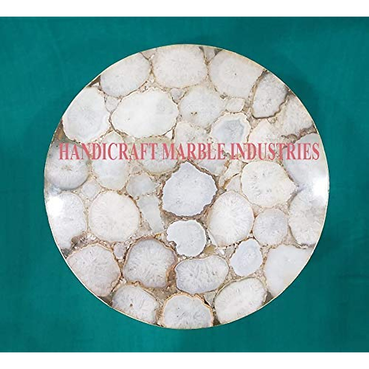 Natural White Agate Stone Round 21" x 21" Inch Table with Gold Foil Border & Metal Base, White Agate Stone Coffee Table & Metal Stand, White Agate Coffee Table, Piece Of Conversation, Family HeirLoom