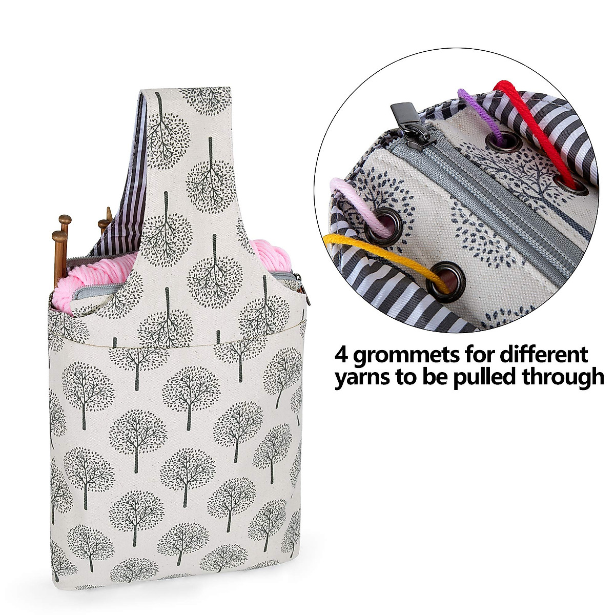 Teamoy Knitting Bag, Canvas Yarn Tote Project Bag for Knitting Needles, Yarn and Crochet Supplies, Perfect Size for Knitting on The Go, Tree