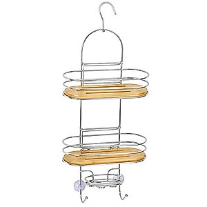 ToiletTree Products Stainless Steel & Bamboo Hanging Caddy - Over-The-Head Shower Organizer with Hooks & Suction Cups - Rustproof Heavy-Duty Metal & Wooden Caddy for Bathrooms