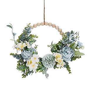 Artificial Flower Wreath,Wood Beads Peony Wreath, Indoor/Outdoor Farmhouse Wreaths for Front Door Decor