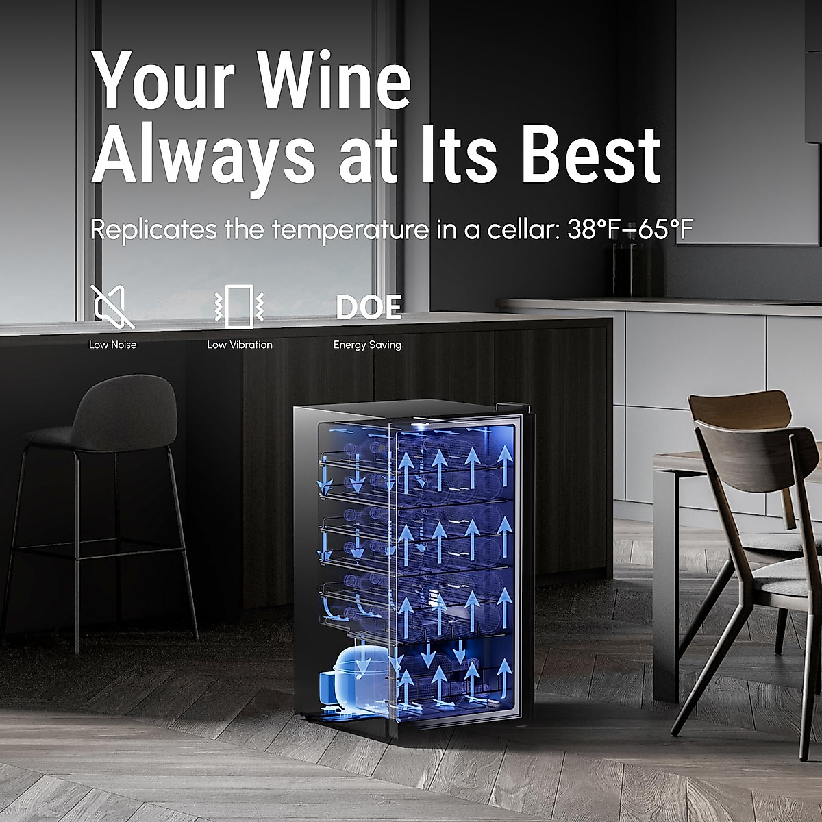 Yeego Wine Fridge, 46 Bottles Wine Cooler Refrigerator, 38-65℉ Freestanding Mini Fridge with Digital Temperature Control & Double-layer Glass Door & Blue Ambient Lights for Home, Kitchen, Office, Dorm