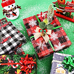 BOLIANNE Christmas Wrapping Paper for Kids Men Women - Xmas Holiday Gift Wrap with Buffalo Plaid, Trucks, Snowflakes, Reindeer for Party - 8 Large Sheets, Vintage Design, 27 x 37 Inch, High Gloss