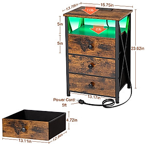 AMHANCIBLE LED Nightstand with Charging Station, Smart End Side Table with USB Port & Power Outlet, Bedside Table with Fabric Drawers for Bedroom, Living Room, Rustic Brown, HET053LBR-1