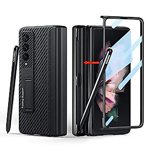 [Updated Version] Libeagle Compatible with Samsung Galaxy Z Fold 3 Case [Built in Hidden S Pen Holder to Avoid Pen Lost][Leather on Back][Screen Protector][Hinge Protection] Cover 5G 2021-Carbon fiber
