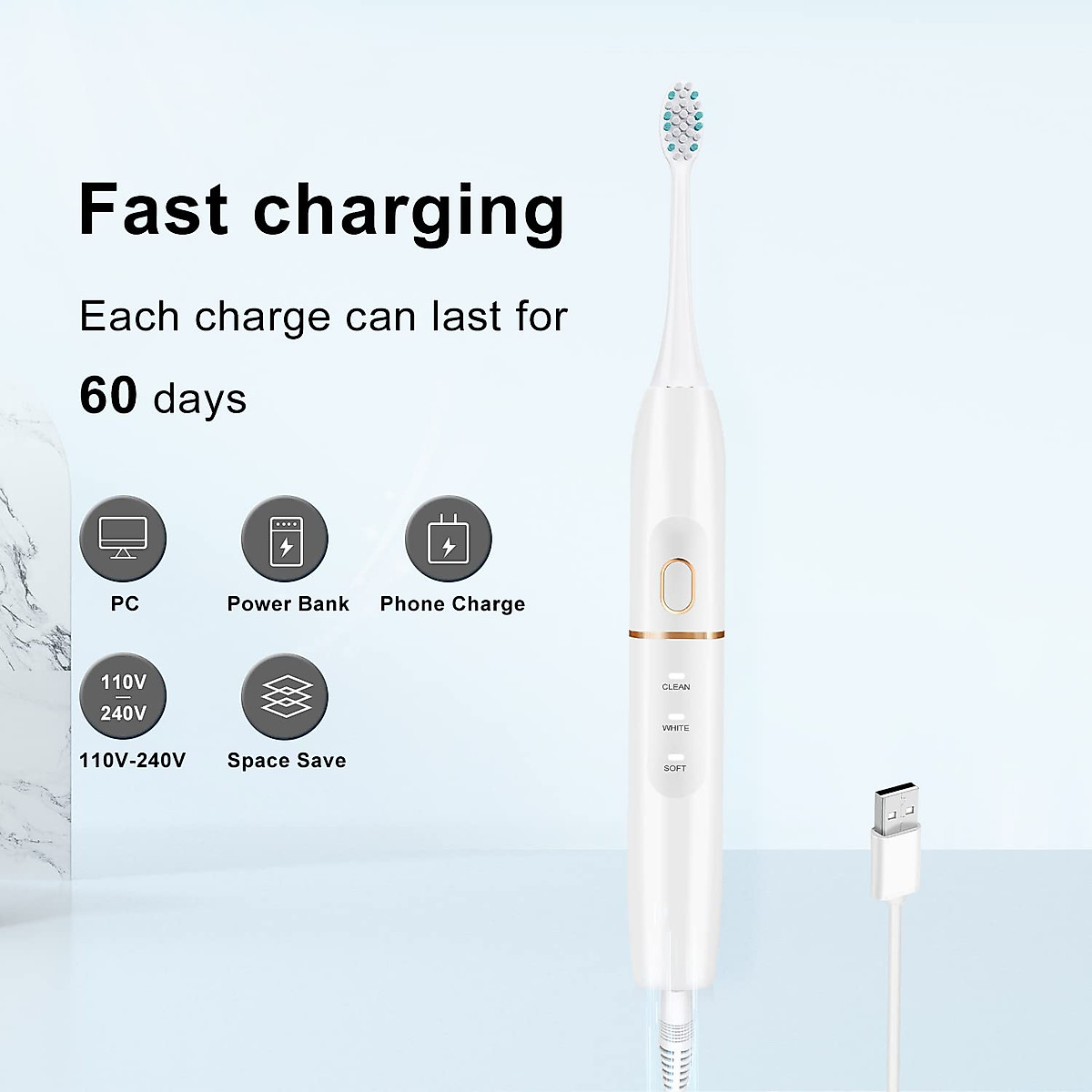 kingheroes Electric Toothbrush Set, Comes with 8 Brush Heads & Travel Case,4 Modes with 2 Minutes Built in Smart Timer, One Charge for 60 Days, 42000 VPM Motor (White)