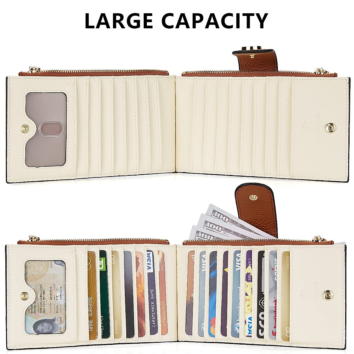 BOSTANTEN Leather Wallets for Women RFID Blocking Slim Bofild Purse Card Holder with Zipper Pocket Beige Brown