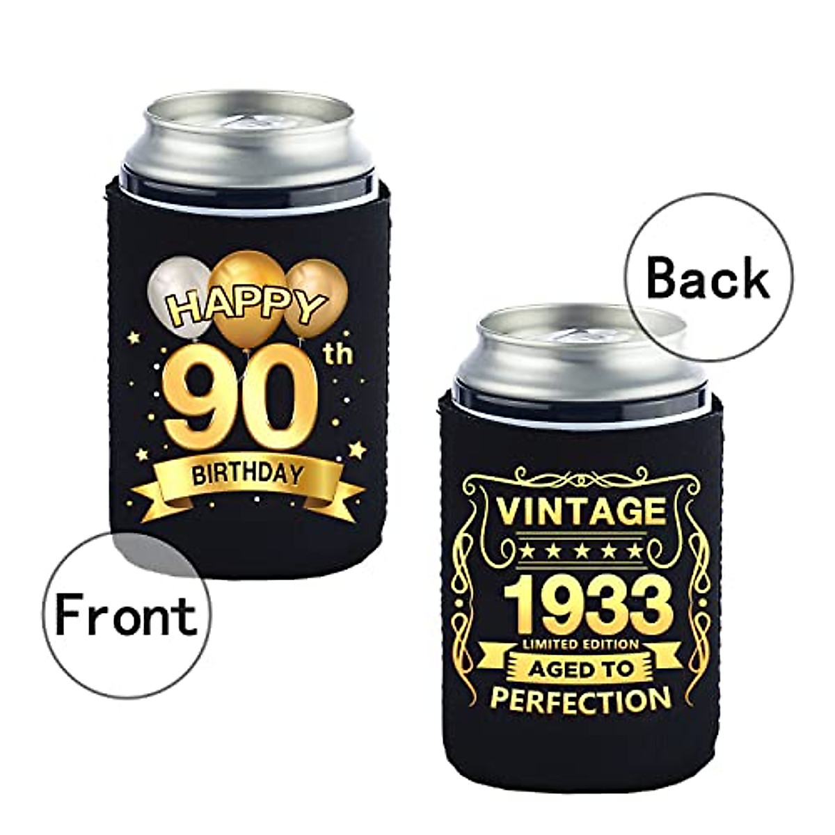 Greatingreat 90th Birthday Can Cooler Sleeves Pack of 12-90th Anniversary Decorations- Vintage 1933-90th Birthday Party Supplies - Black and Gold Ninety Birthday Cup Coolers