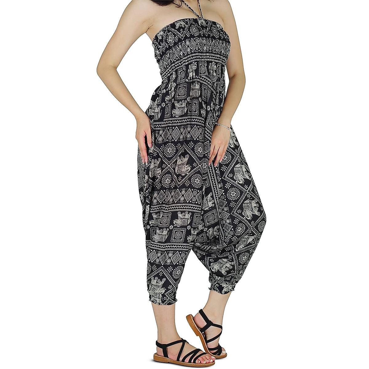 Your Cozy Harem Pants for Women Hippie Boho Clothes Mc Hammer Pants Jumpsuit Casual Loose Beach Sweatpants Comfortable Baggy Boho Yoga Trousers (Black Elephant_S)